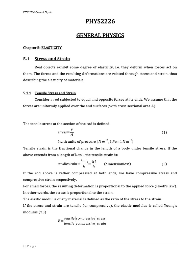 PHYS2226 Chapter 5 Elasticity | PDF | Deformation (Engineering) | Stress (Mechanics)