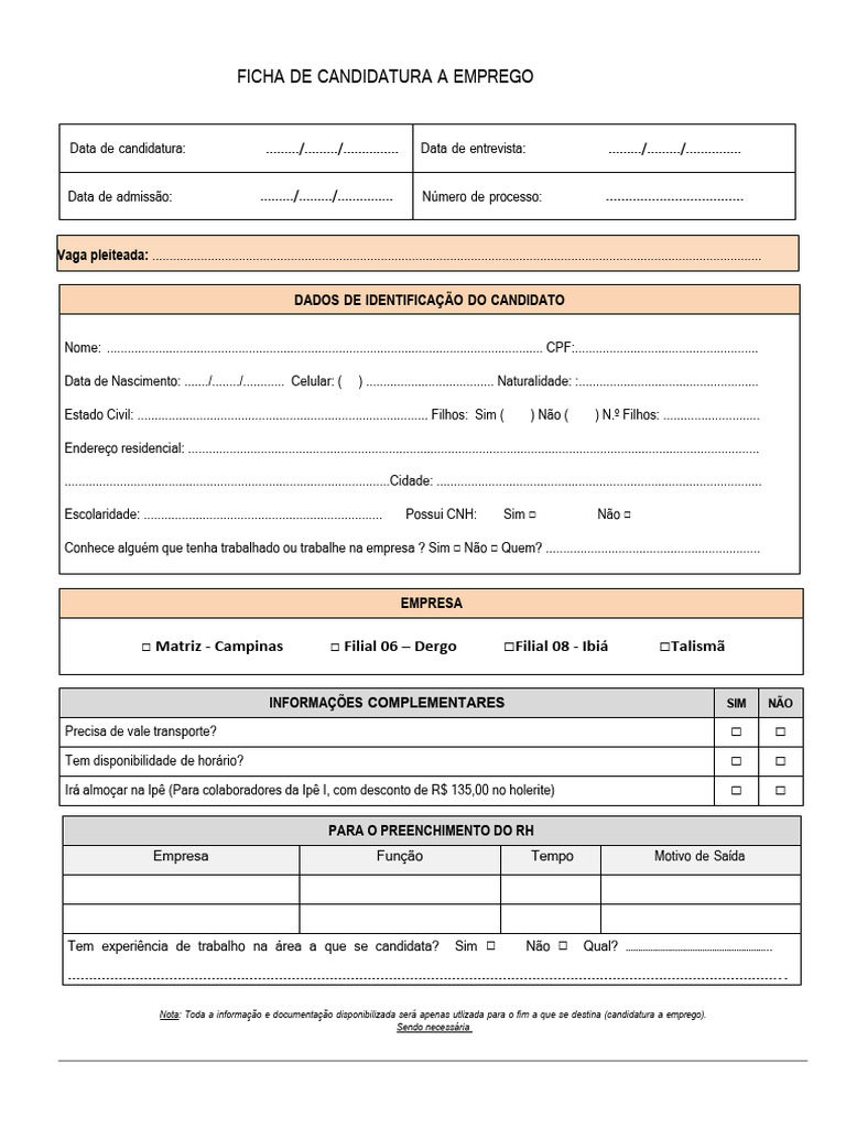 Ficha Candidatura Emprego | PDF