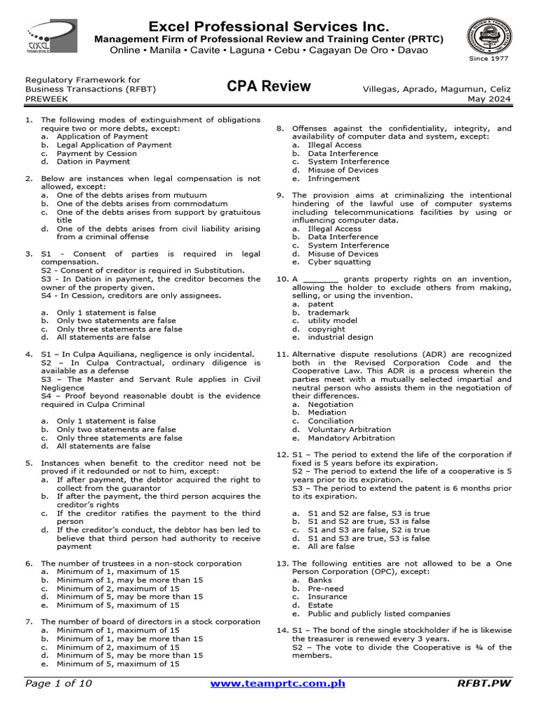 RFBT - PW Preweek Lecture May 2024 1 | PDF | Alternative Dispute Resolution | Stocks