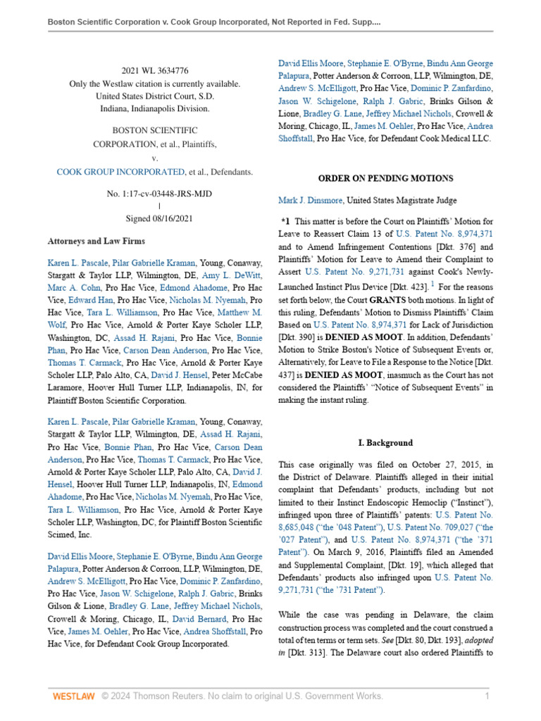 Boston Scientific Corporation V Cook Group Incorporated | PDF | Lawsuit ...