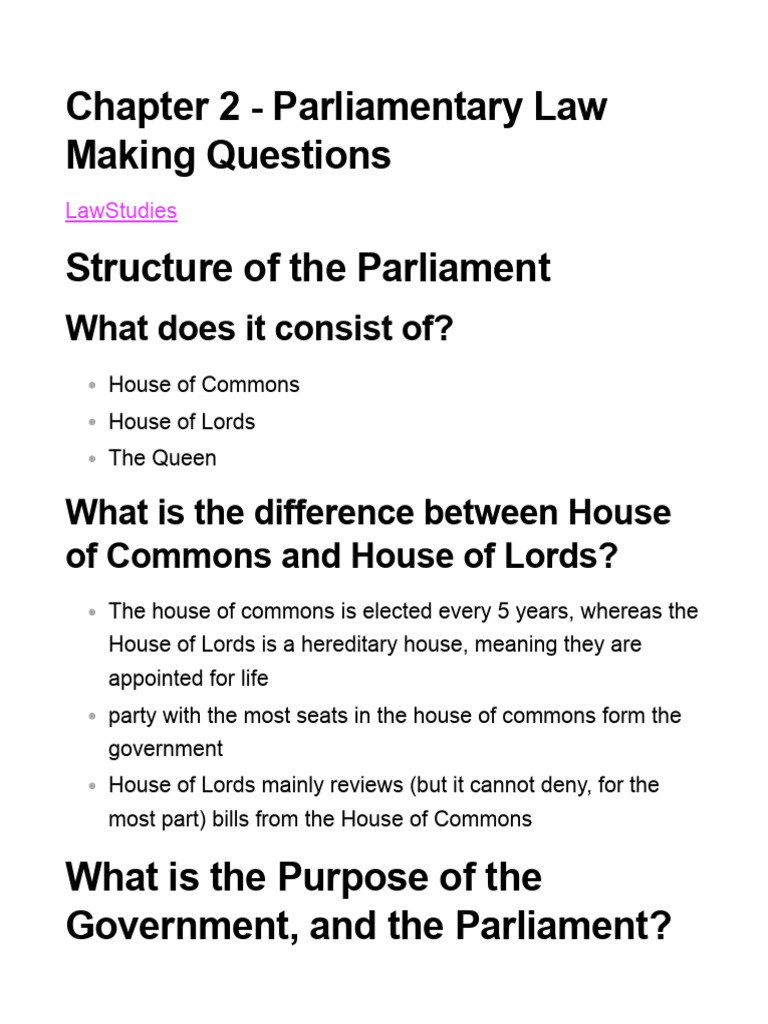 Chapter 2 - Parliamentary Law Making Questions | Download Free PDF ...