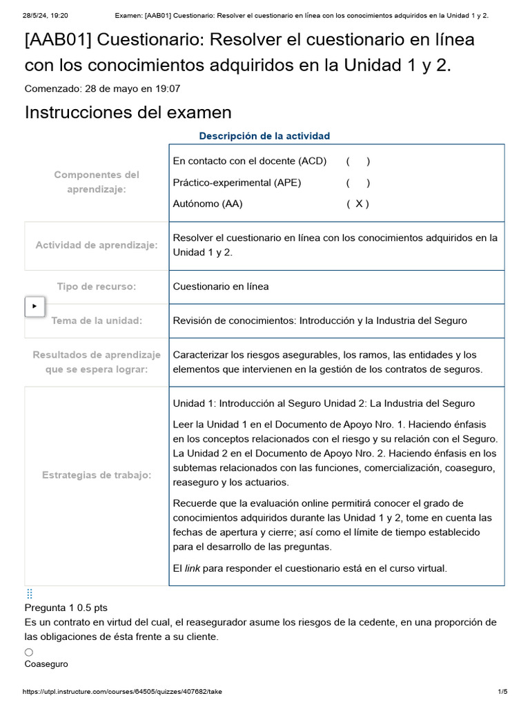 Examen - (AAB01) Cuestionario - Resolver El Cuestionario en Línea Con Los Conocimientos ...
