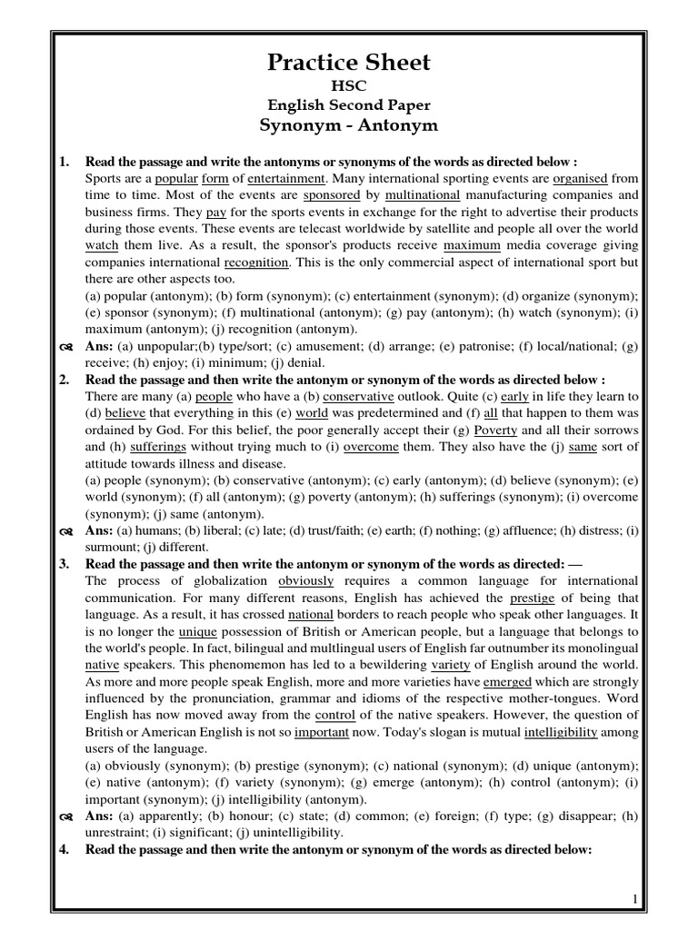 Synonym - Antonym English Second Paper | PDF | Multilingualism ...