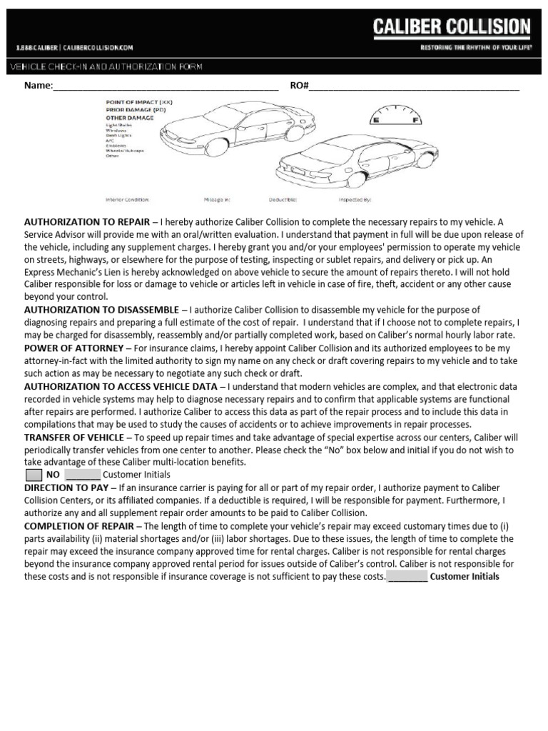 Authorization To Repair Form | PDF | Insurance | Vehicles
