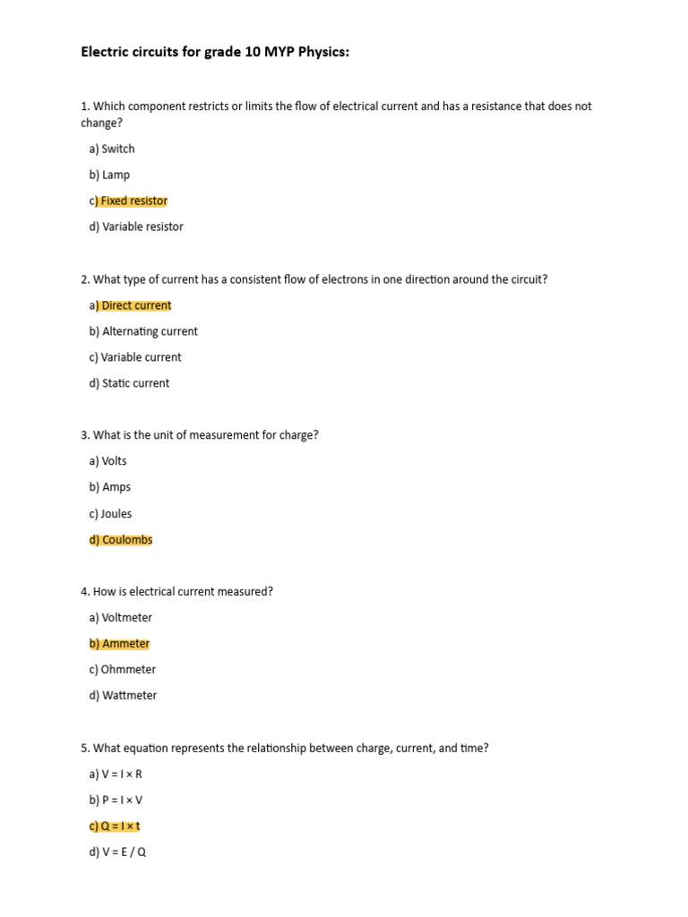 3 Electric Circuits For Grade 10 MYP Physics MCQ | PDF | Electrical ...