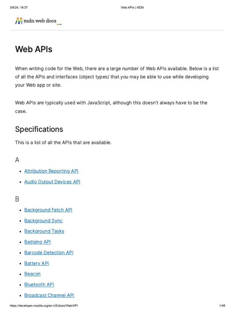 Web APIs - MDN | PDF | World Wide Web | Internet & Web