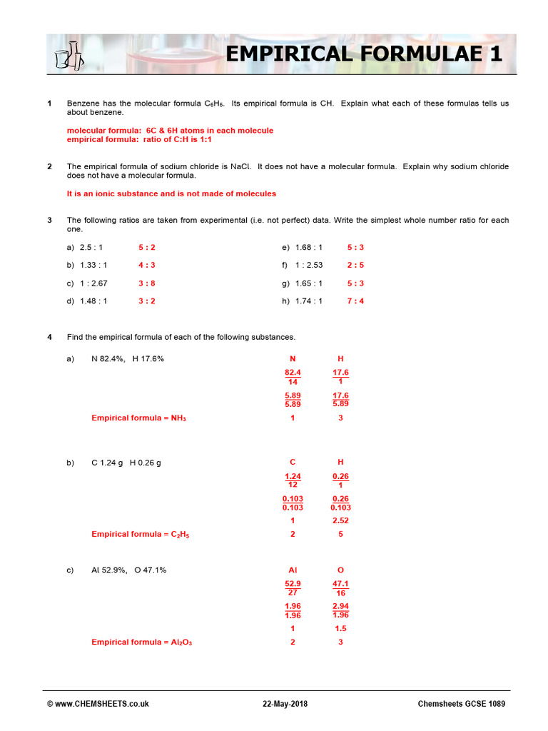 Chemsheets GCSE 1089 Empirical Formulae 1 ANS Ytw89 4 6 | PDF ...