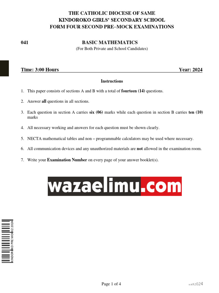 Form Four Pre-Mock Maths Exam 2024 | PDF | Triangle | Elementary Geometry