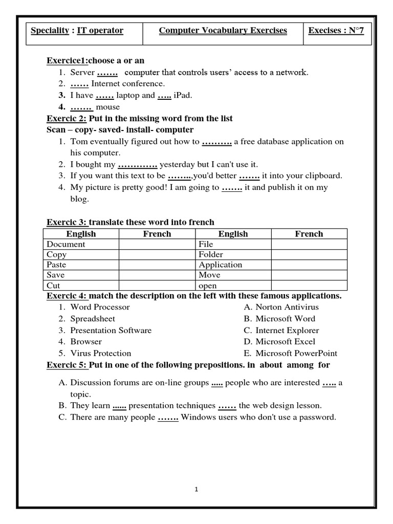 Computer Vocabulary Exercises 7 | PDF