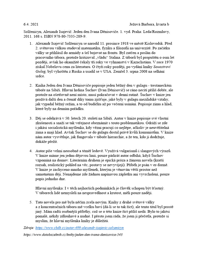 Jeden Den Ivana Děnisoviče - Alexandr Solženicyn | PDF