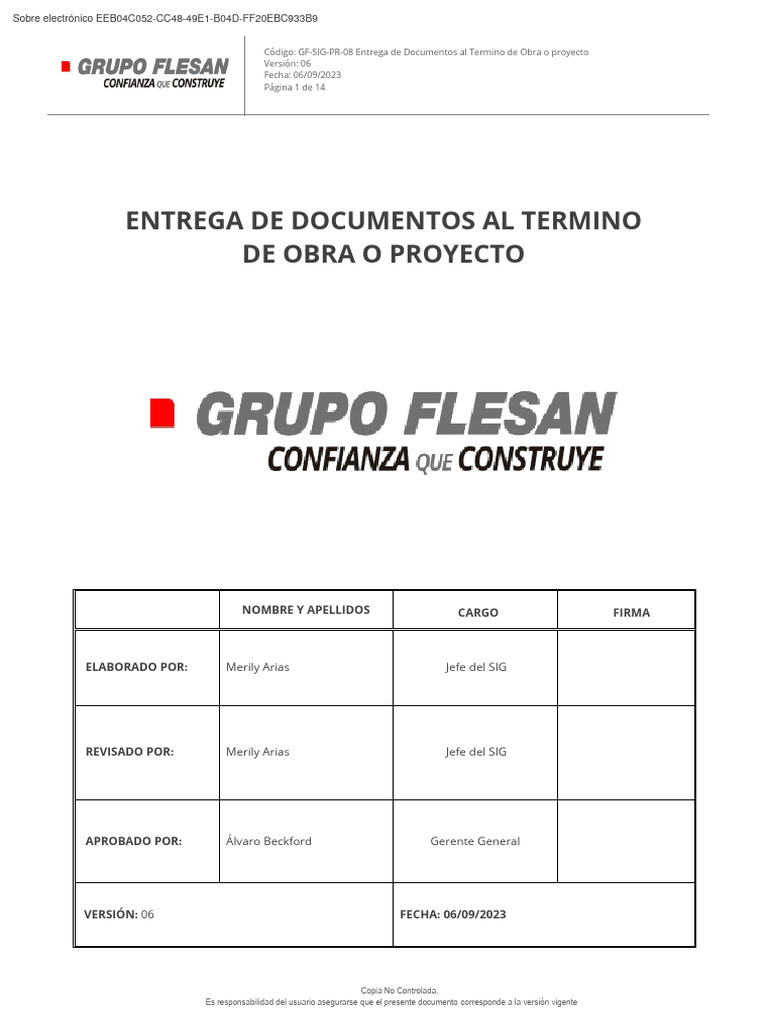 GF-SIG-PR-08 Entrega de Documentos Al Termino de Obra Ver.06 | PDF ...
