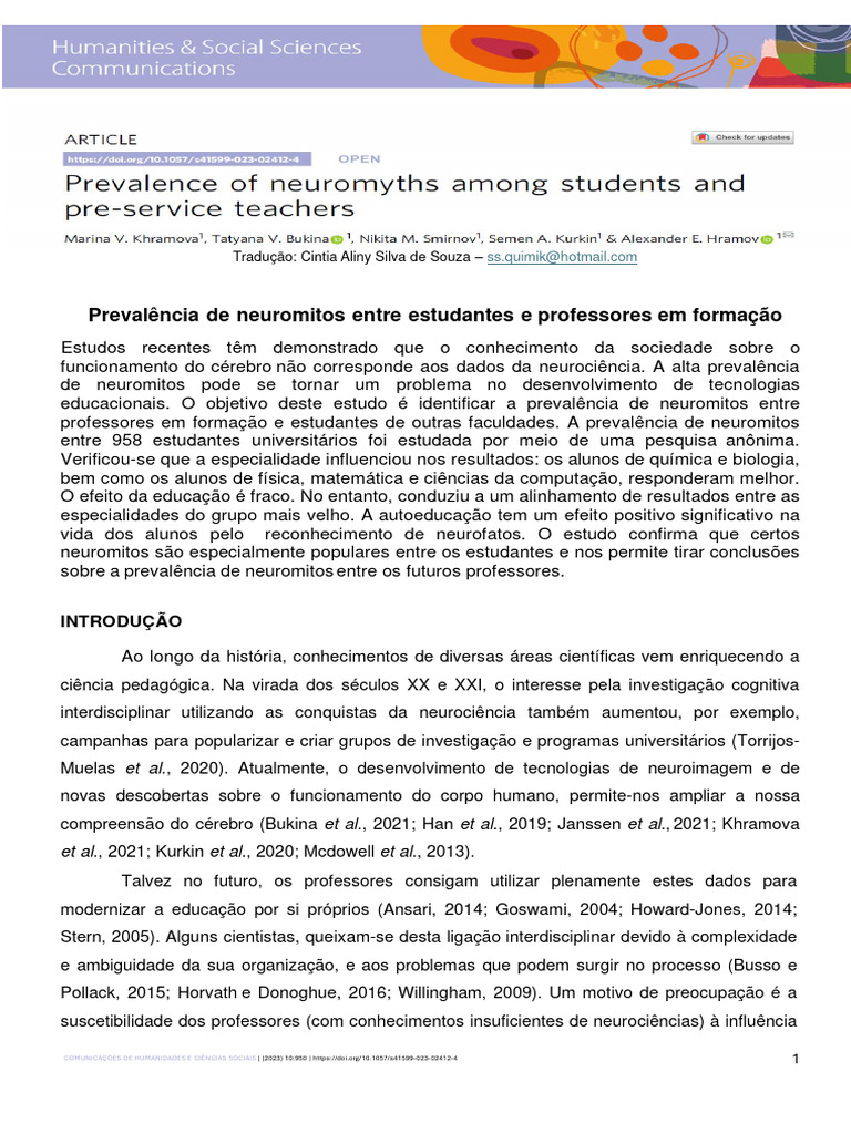 Texto Neurociencia Traduzido Cintia Souza | PDF | Science | Pedagogia