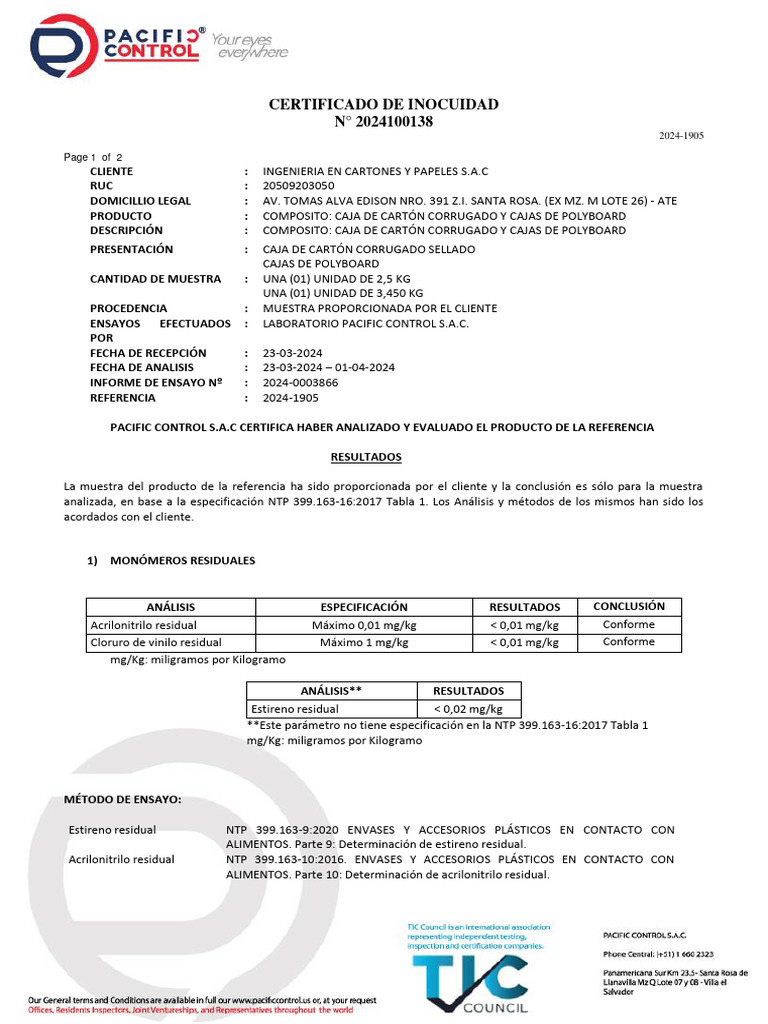 CERTIFICADO ANALISIS DE MONOMEROS MAR 2025 | PDF