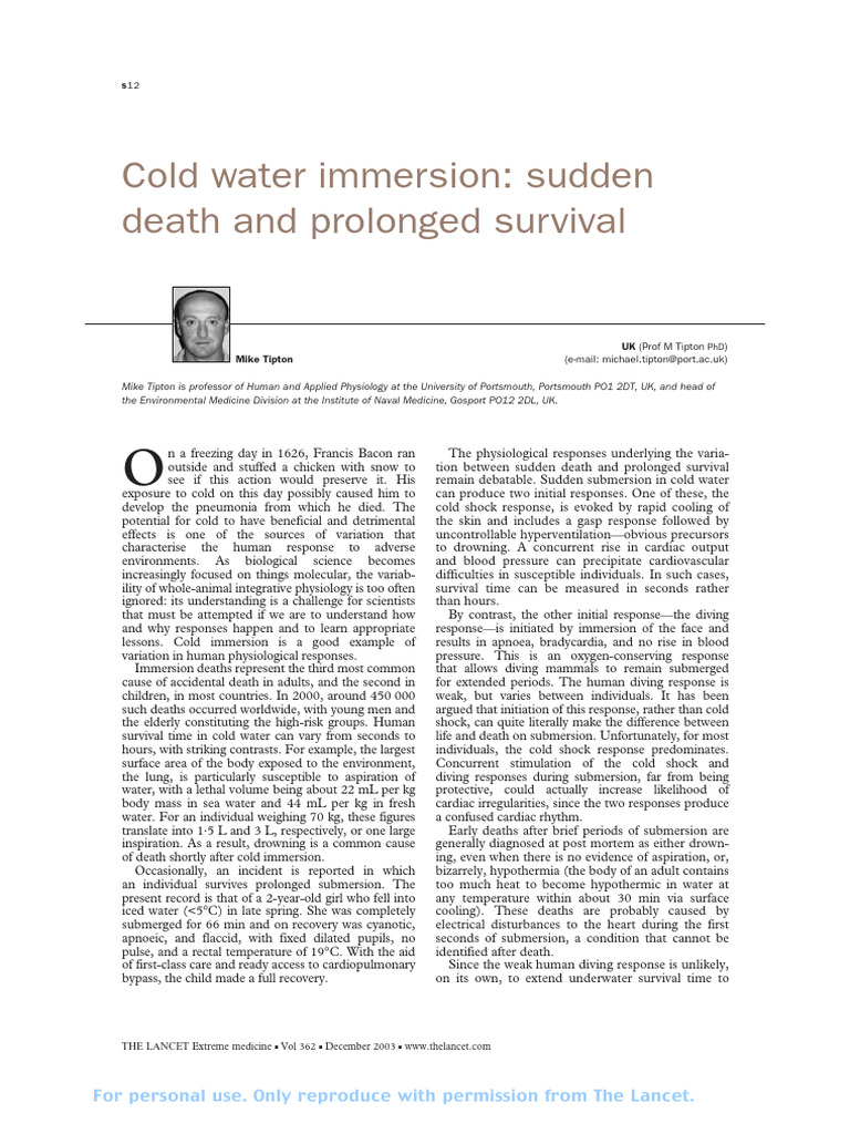 COLD WATER IMMERSION SUDDEN DEATH AND SURVIVAL | PDF | Physiology ...