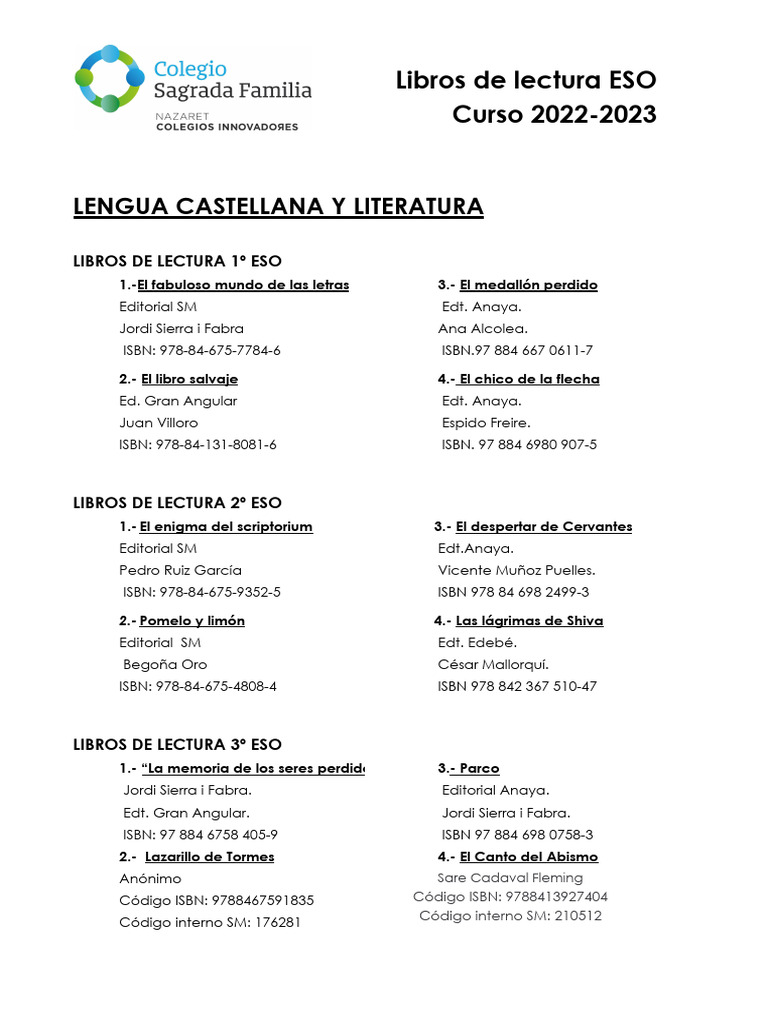 Libroslectura Eso 2022 2023 | PDF | Escritores españoles | Literatura española