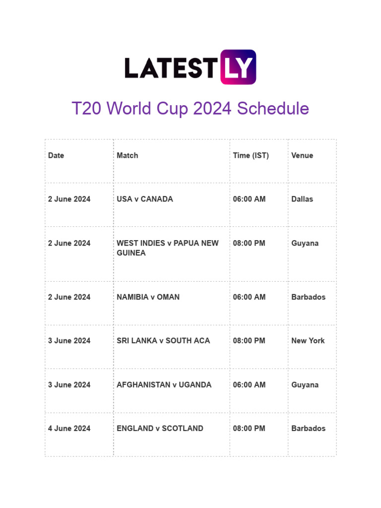 T20 World Cup 2024 Match Schedule | PDF | Forms Of Cricket | Summer Sports