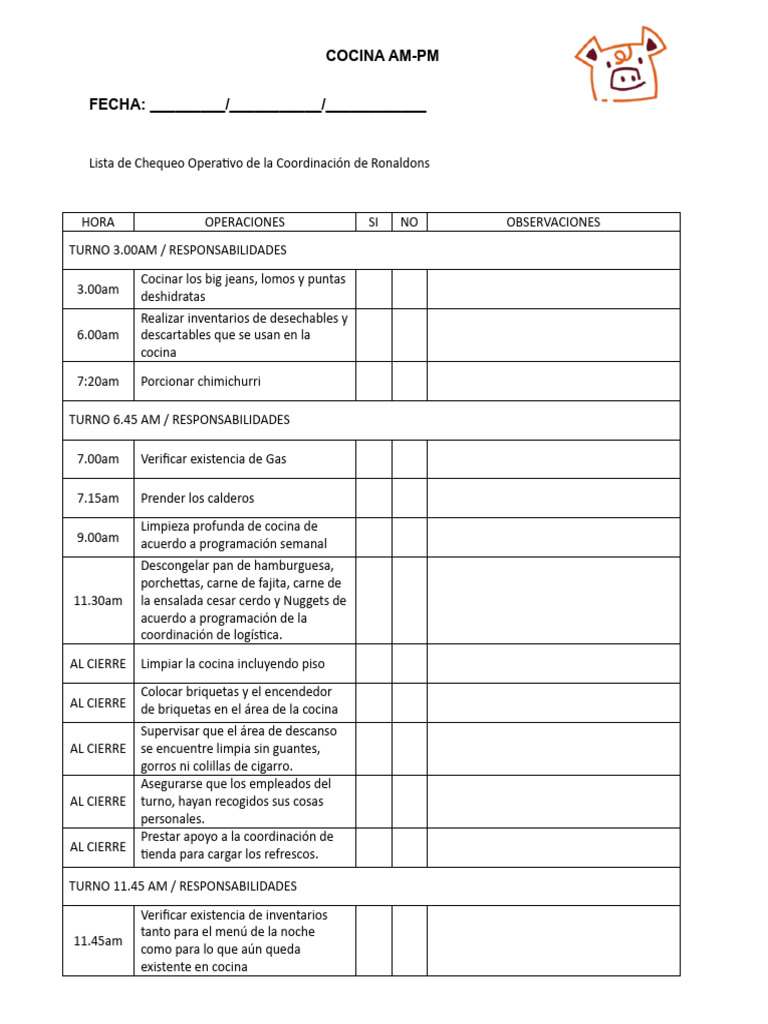 Lista de Chequeo Cocina AM-PM | PDF | Comida y bebida | Cocinando