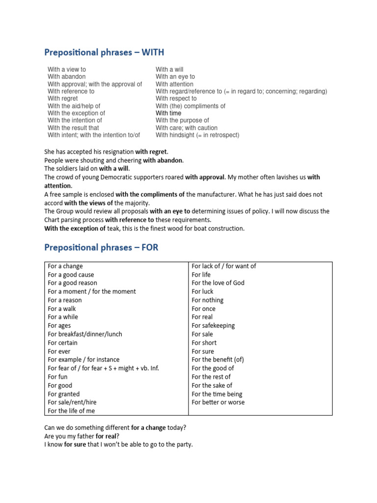 Prep. Phrases WITH, FOR, ON | PDF | Language Arts & Discipline