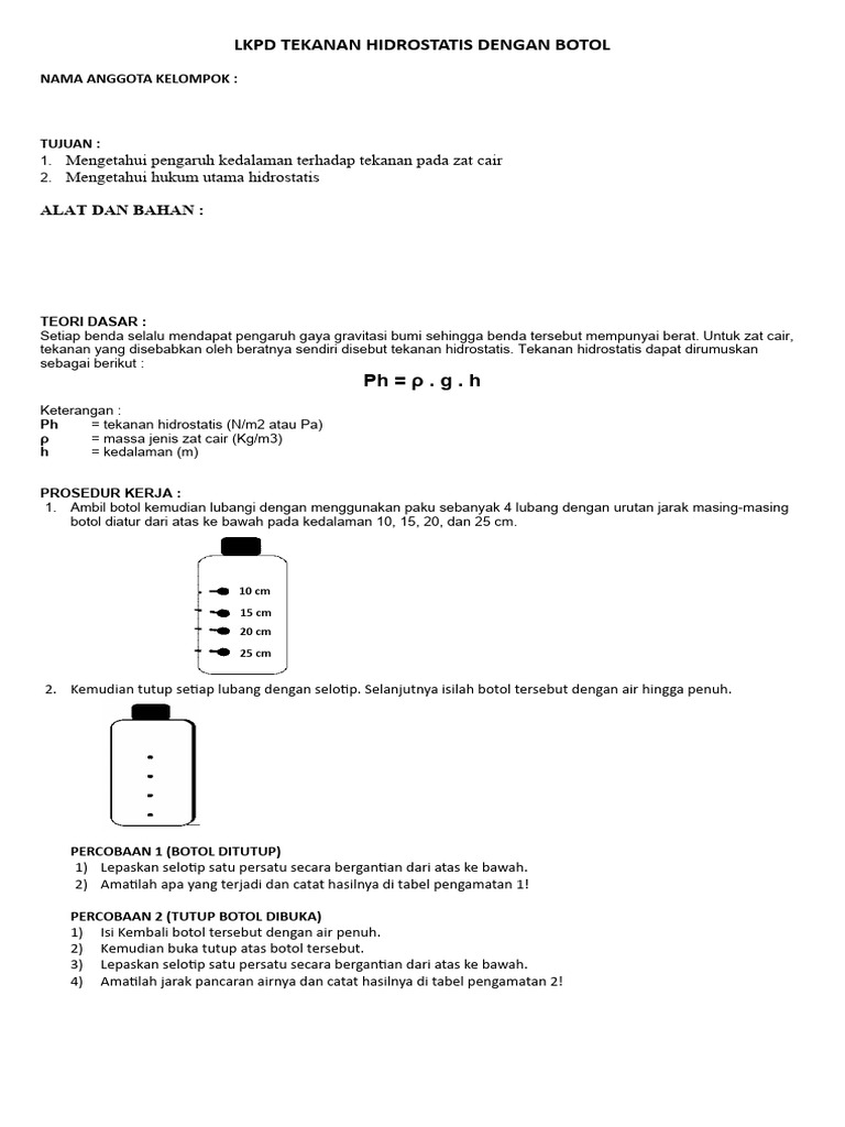 LKPD Tekanan Hidrostatis Dengan Botol | PDF | Griya & Taman | Sains & Matematika