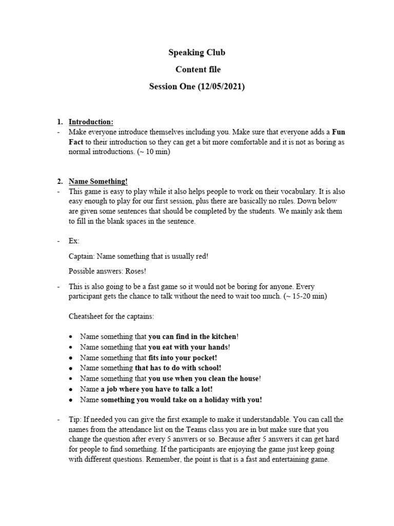 Speaking Club - Session 1 | PDF | Language Arts & Discipline