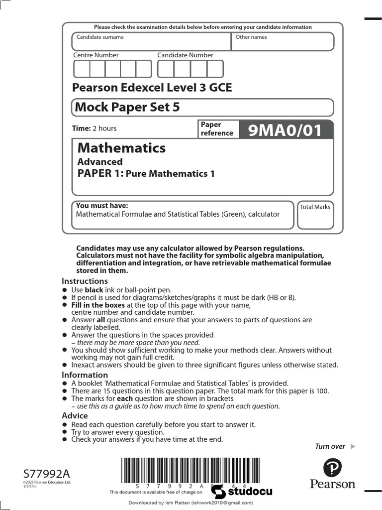 Edexcel A Level Maths Mock Set 5 | PDF | Area | Mathematics