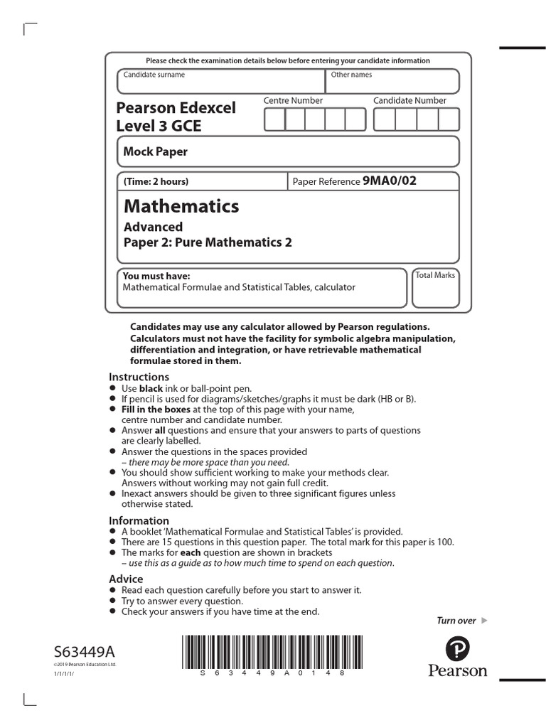 Mock Set 1 Paper 2 Pdf Equations Area