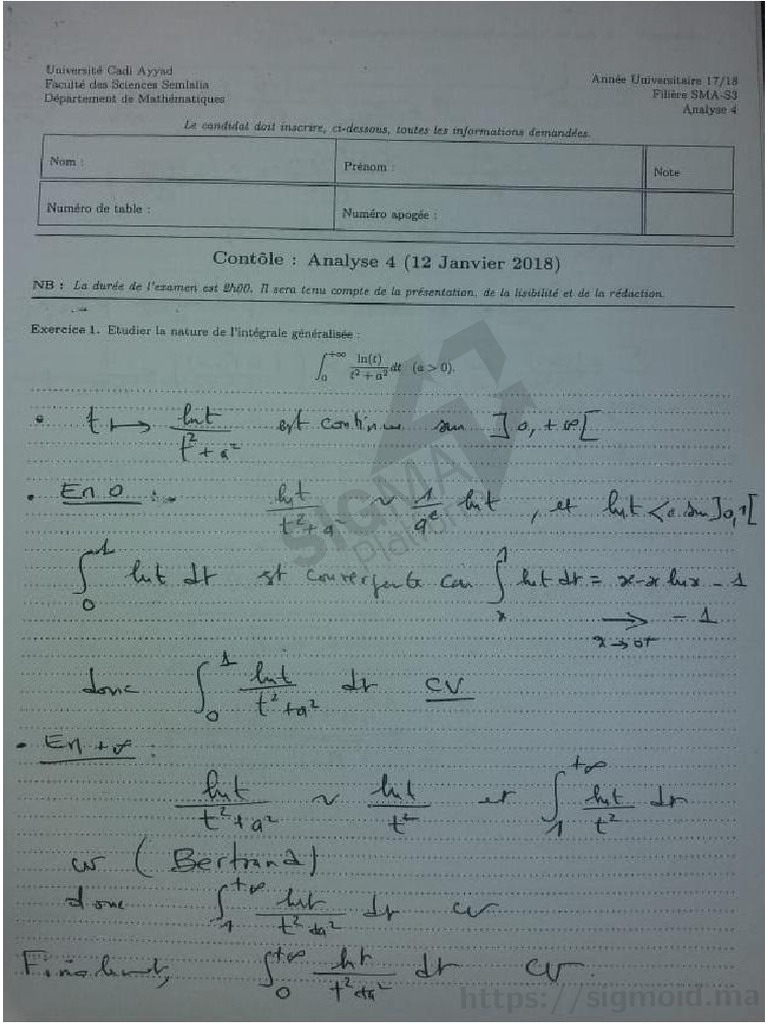 Examen3 Analyse 4 SMA3 FSSM | PDF