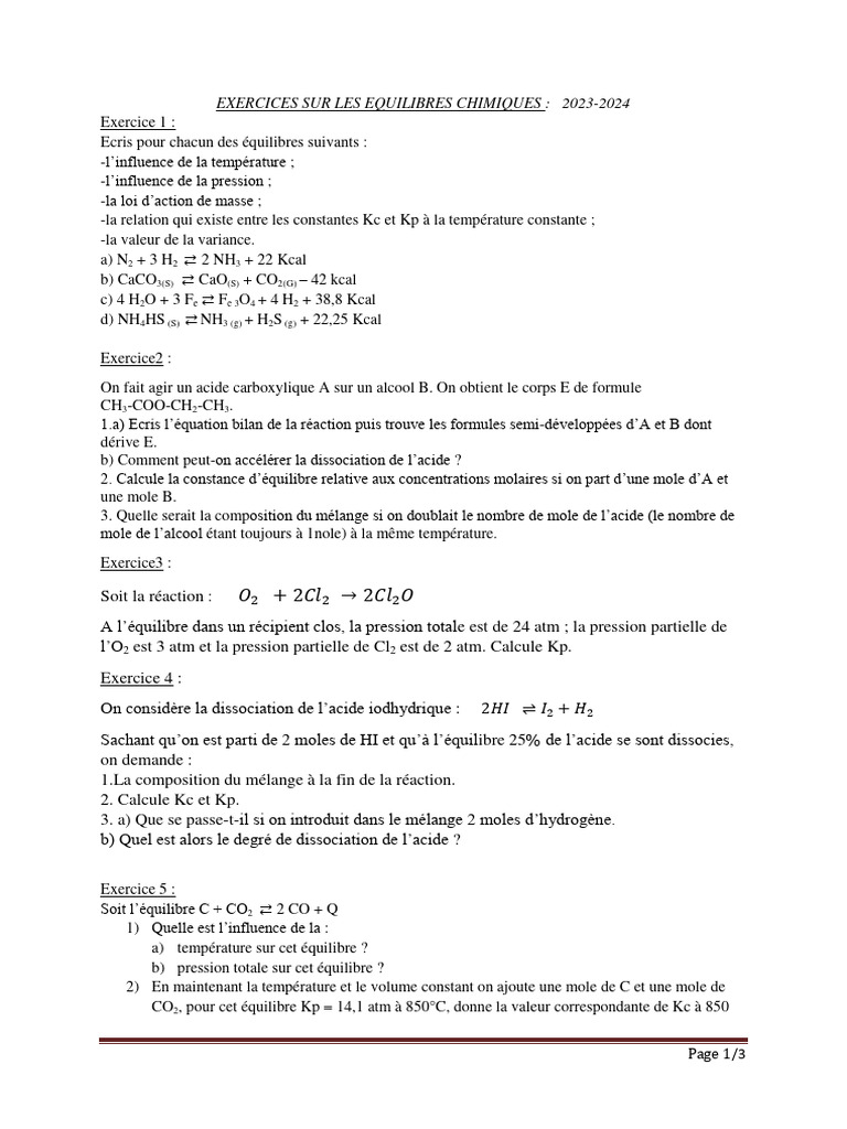 Exercices Equilibres Chimiques 24 | PDF | Équilibre chimique ...