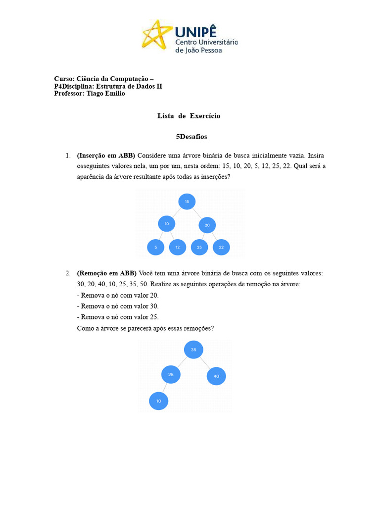 Desafios de Estruturas de Dados II: ABB e AVL | PDF | Algoritmos e estruturas de dados