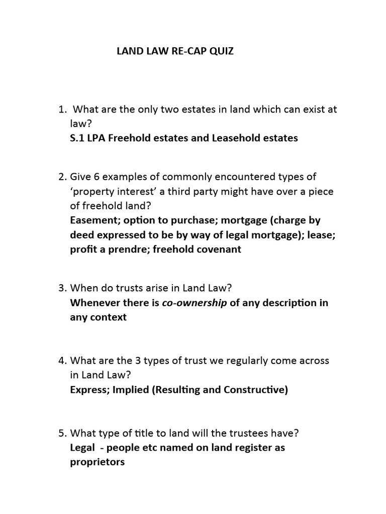 Land Law Recap Quiz - Answers | PDF | Mortgage Law | Land Law