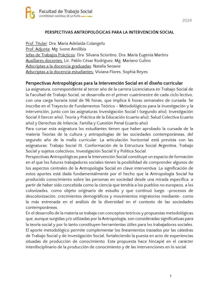 Programa Perspectivas antropológicas 2024 | PDF | Etnografía | Trabajo Social