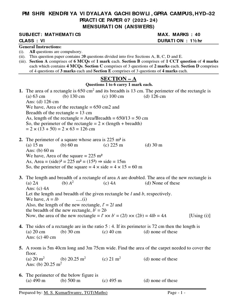 Maths Class Vi Practice Test 07 Mensuration Answers Download Free Pdf