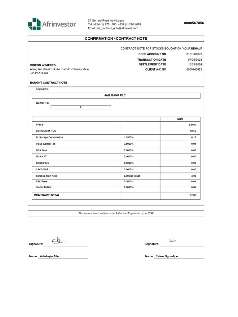 Contract Note 0000567056 Pdf Investing Economies