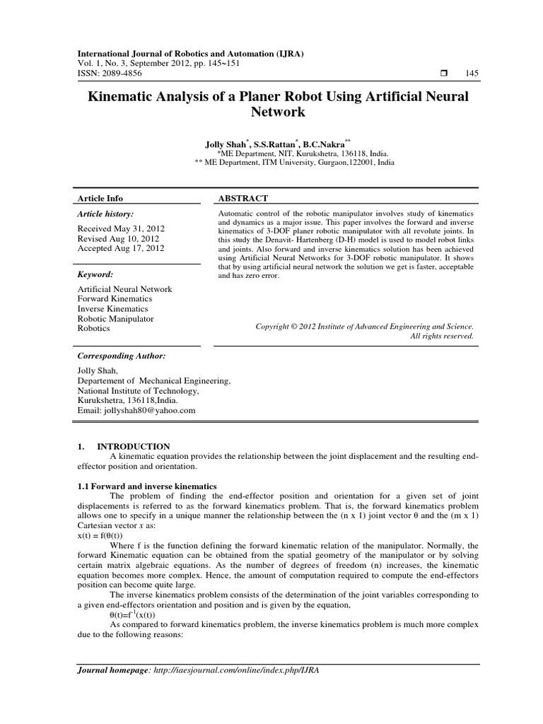 Kinematic Analysis of A Planer Robot Using Artificial Neural Network ...