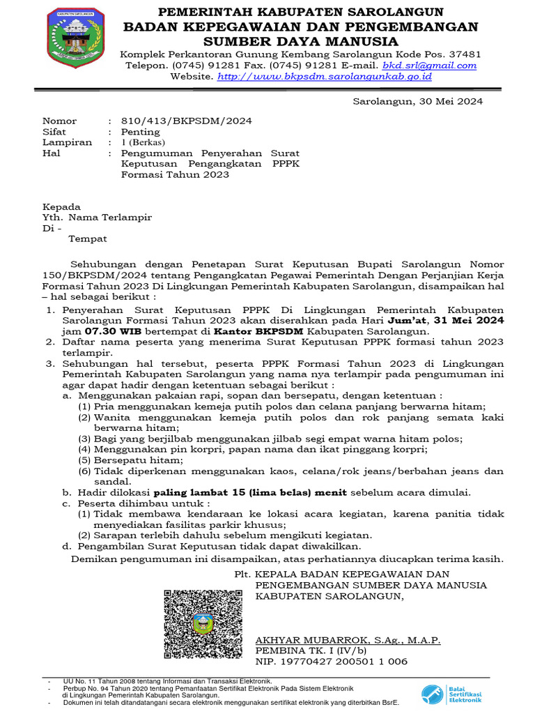 Pengumuman Pengangkatan PPPK Formasi 2023 Gel. II - Sign | PDF