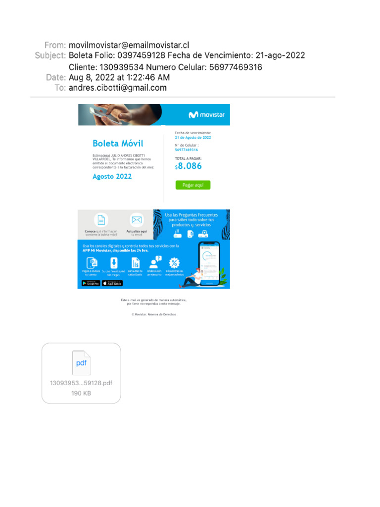 Boleta Folio 0397459128 Fecha de Vencimiento 21-Ago-2022 Cliente 130939534 Numero Celular ...