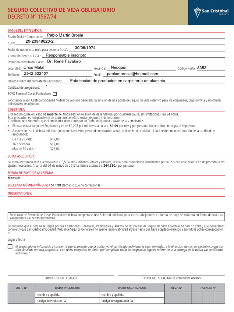 Formulario Vida Obligatorio | PDF | Póliza de seguros | Seguro