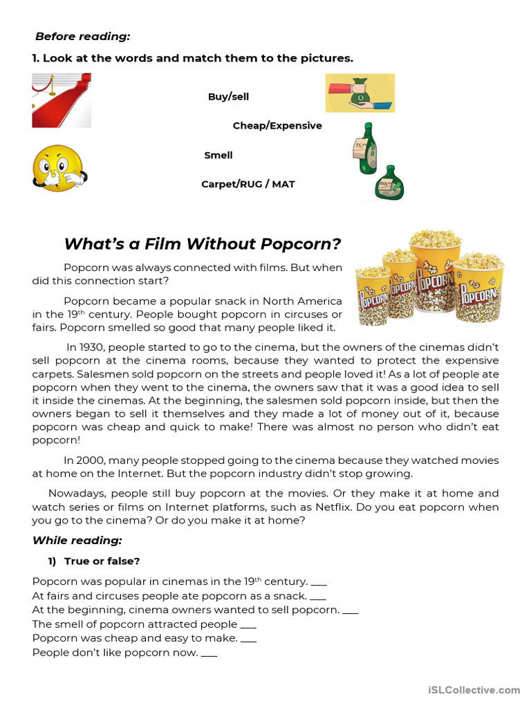 Reading Comprehension Past Simple | PDF | Movie Theater | Popcorn
