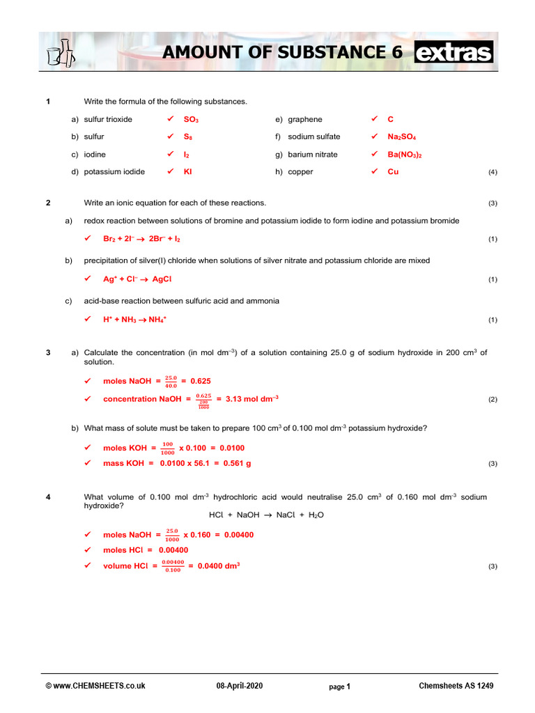 Chemsheets AS 1249 Extras Amount of Substance 6 ANS | PDF | Sodium ...