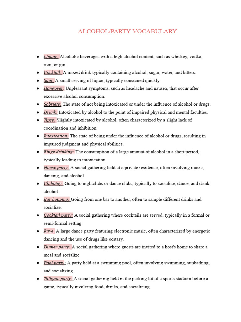 Alcohol - Party Vocabulary | PDF | Alcohol Intoxication | Alcoholic ...