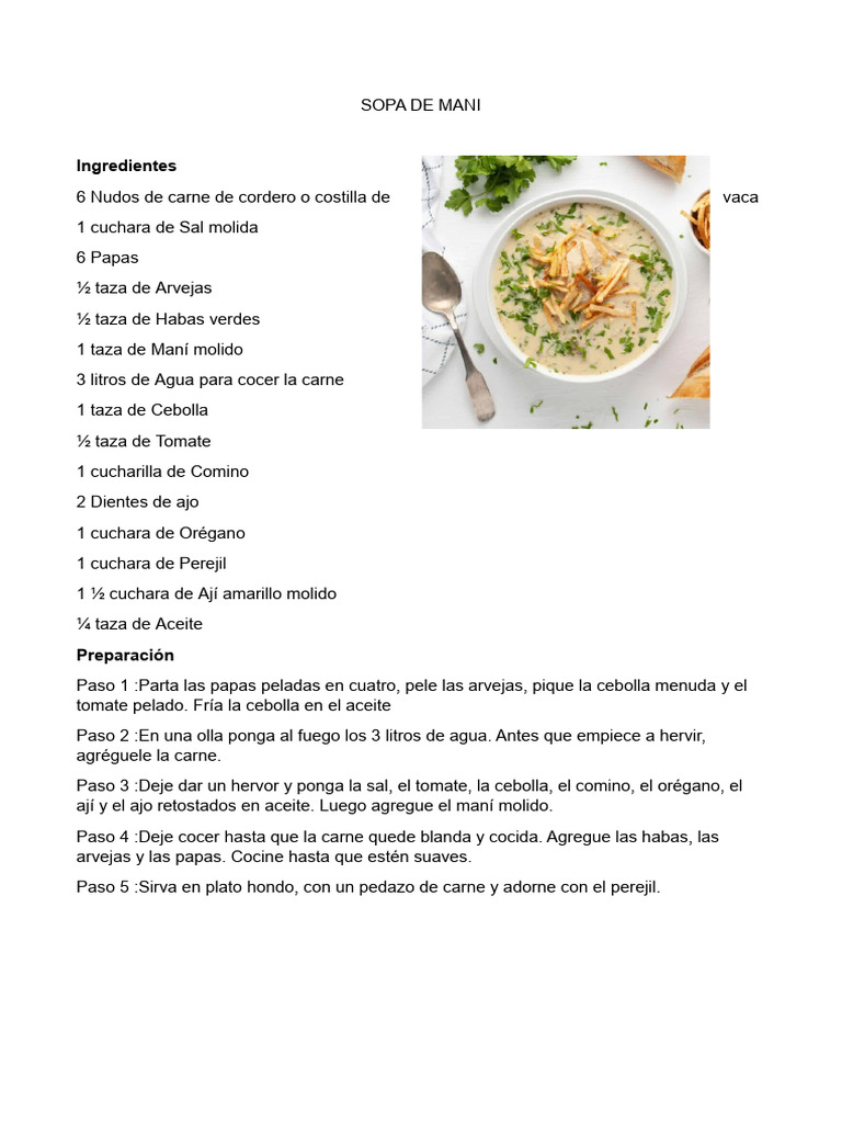Receta de Sopa de Maní Boliviana | PDF | Cocinando | Salchicha