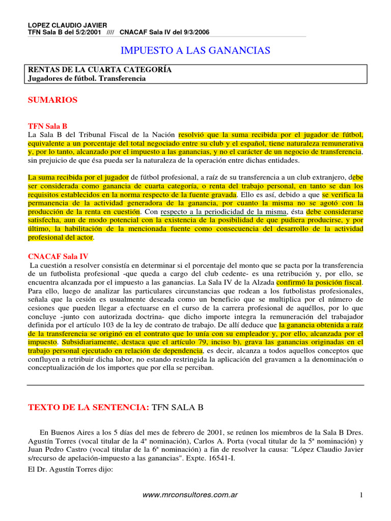 Lopez Claudio Javier Sala B TFN 5-2-2001 - Sala IV CNACAF 9-3-2006 | PDF | Salario | Impuestos