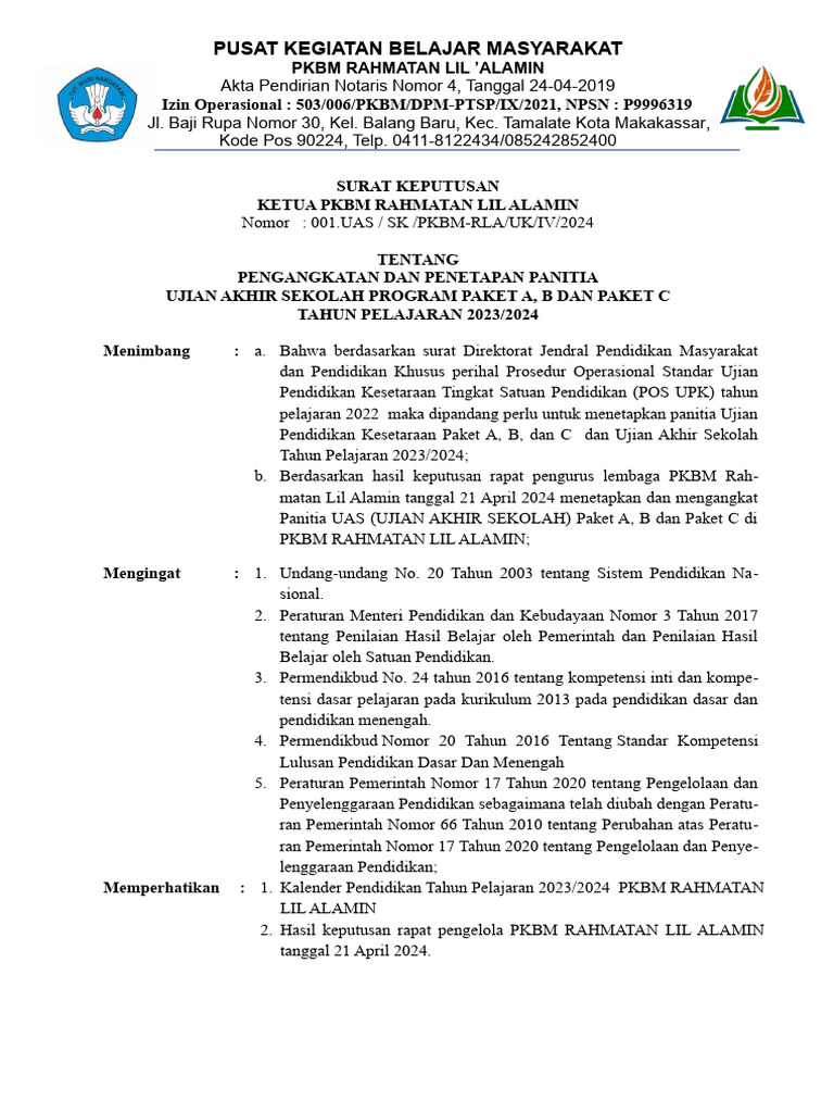SK Uas Ujian Akhir Sekolah 2024 | PDF