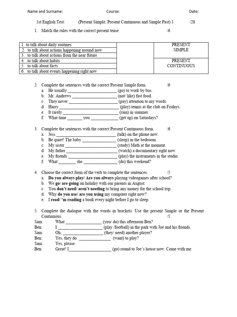 1st English Test 2nd Year T1 Pres Simple and Cont | PDF | Linguistics