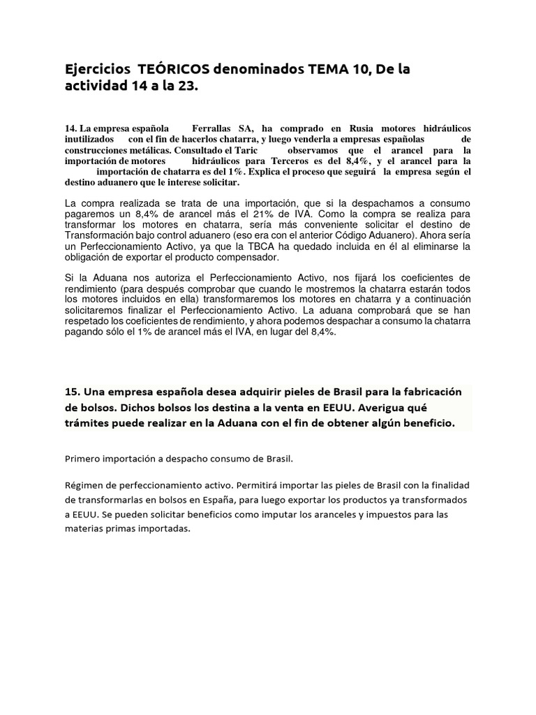 Ejercicios TEÓRICOS denominados TEMA 10, De la actividad 14 a la 23 | PDF | aduana | España
