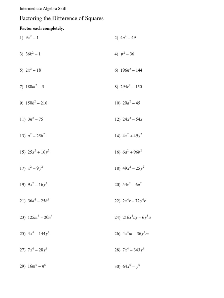 Differnce of Squares Worksheet | PDF