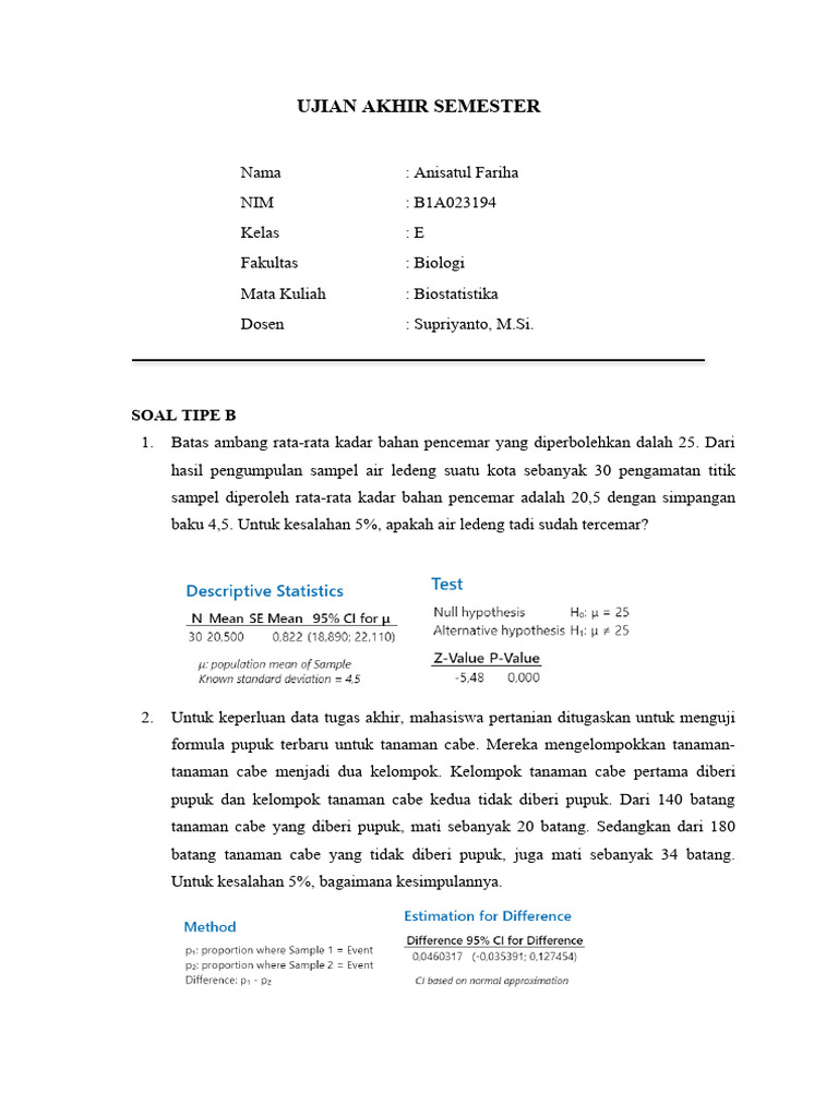 Uas Biostatistika Type B - Anisatul Fariha - B1a023194 | PDF