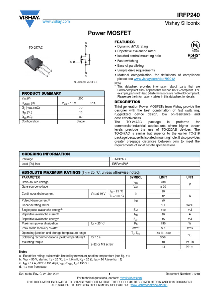 Irfp 240 | PDF | Diode | Mosfet