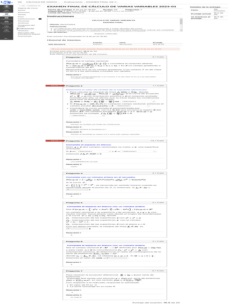 Examen Final de Calculo de Varias Variables 2023-01 288738 - Calculo de Varias Variables - 2023 ...