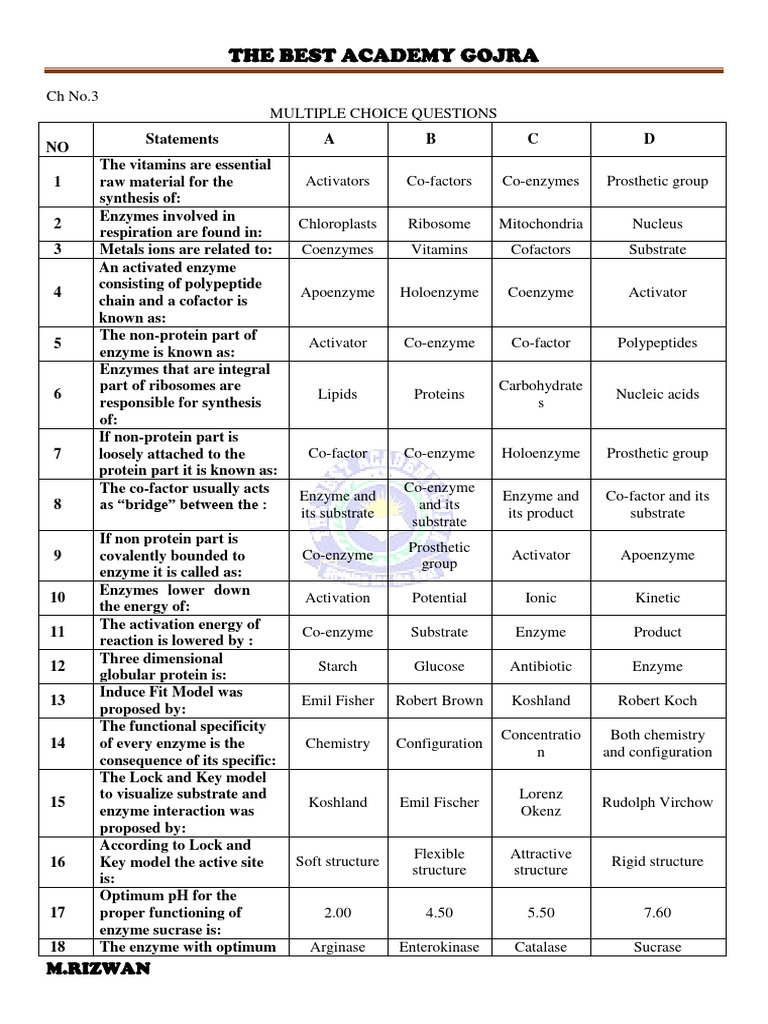CH = 3 (WORKSHEET) FIRST YEAR | PDF | Cofactor (Biochemistry) | Enzyme